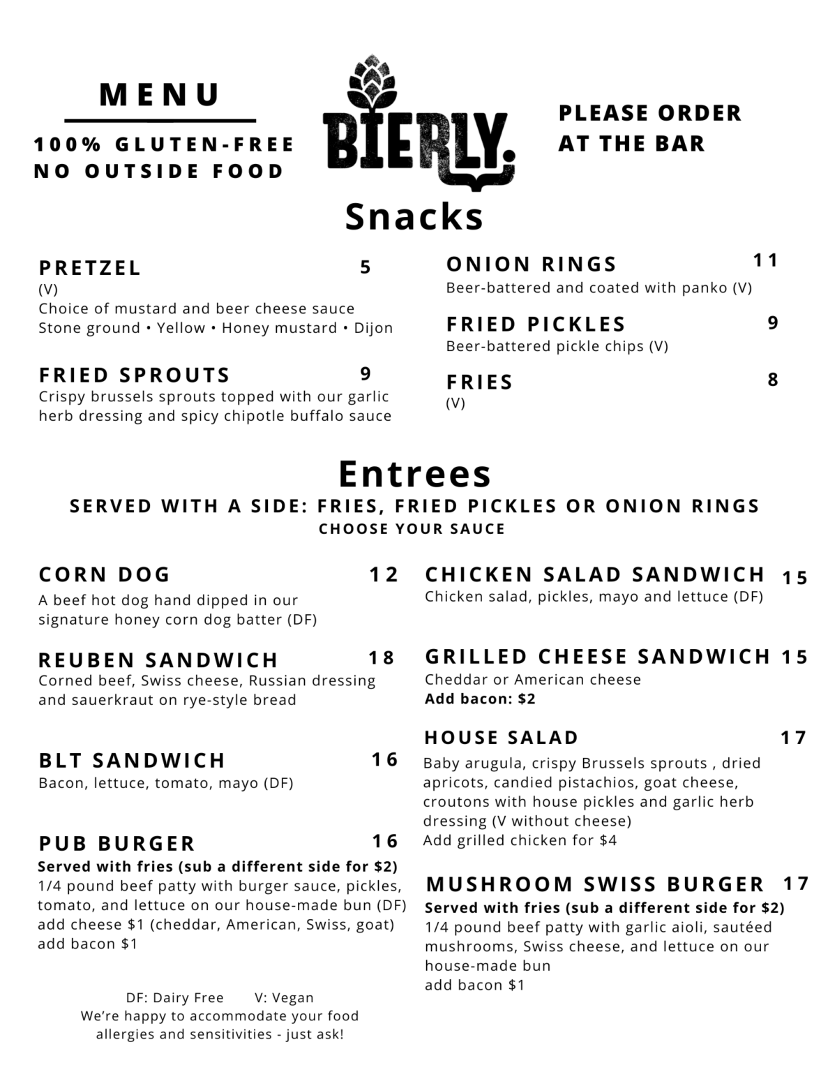 Bierly Brewing Menu